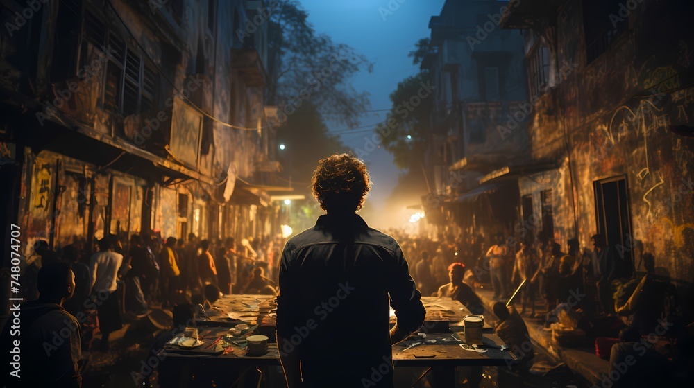 A visually striking image of a street performer creating a large-scale ...