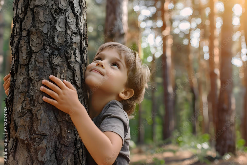 Net zero and carbon neutral concept. Child hugging a tree in the ...