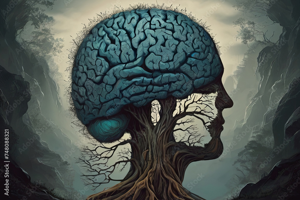 Surreal tree brain with human head cave: Concept of hope, freedom, and ...