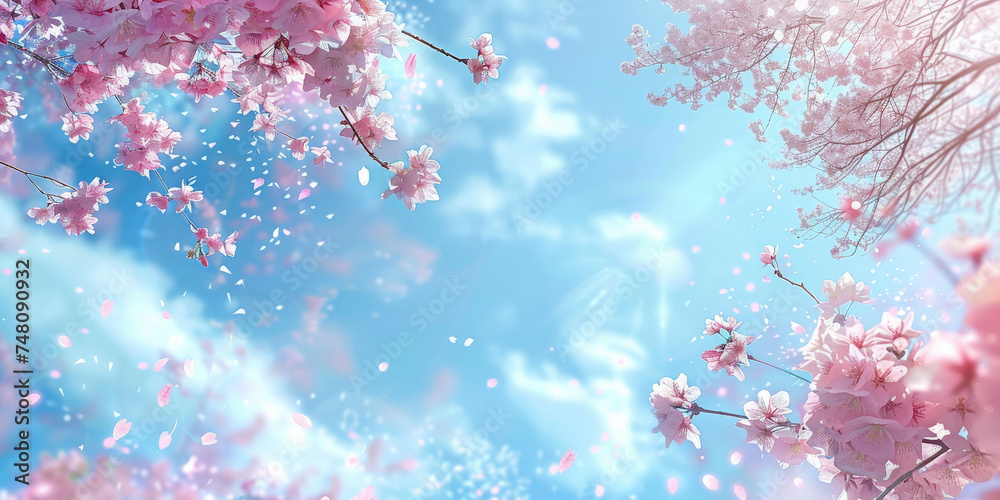 pink blossoms falling from the sky on blue sky background, pink cherry ...