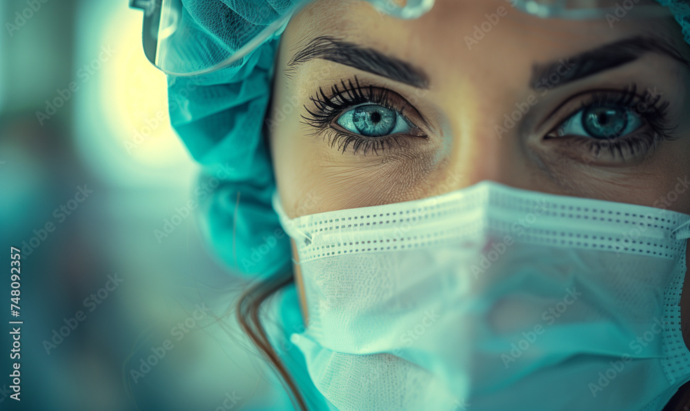 In a striking close-up, a woman doctor with piercing blue eyes dons a medical hat and mask ...