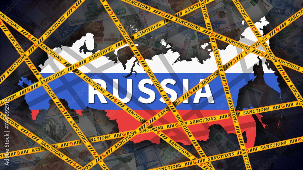 Illustration. Yellow tapes with inscription, sanctions, wrapped around ...