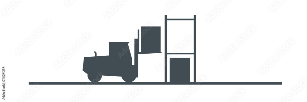Forklift loading and unloading heavy items cargo into truck or ...