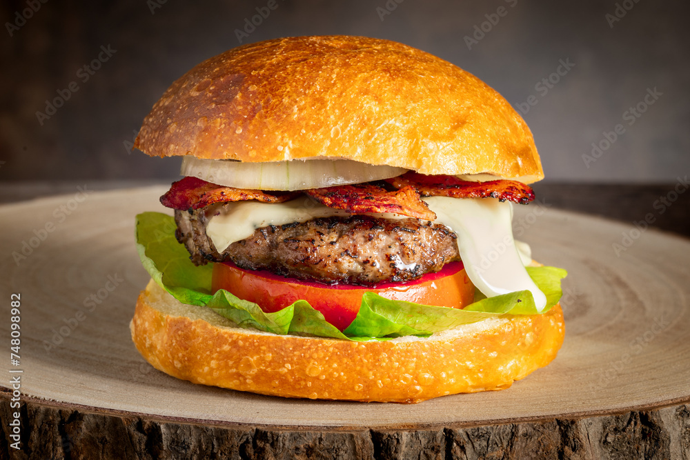 homemade cheeseburger with fresh lettuce tomato onion crispy bacon ...