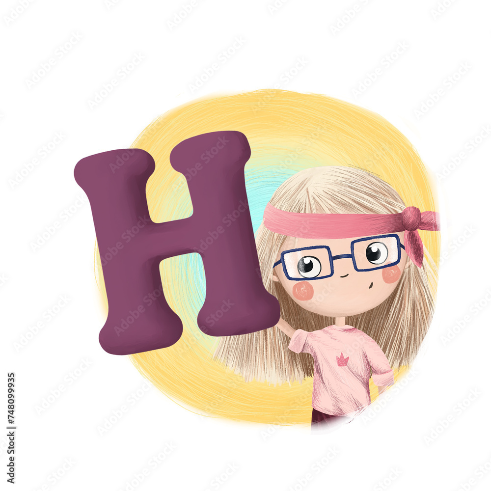 Cute little girl with letter H. Colorful cartoon graphics. Learn ...