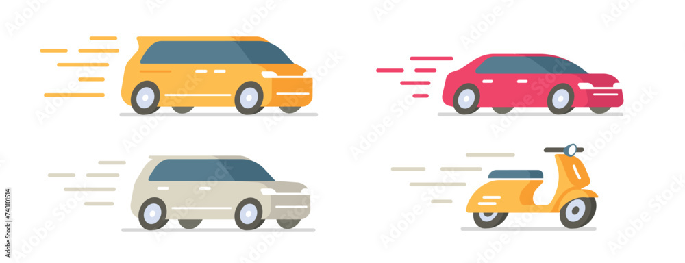 Car moving fast speed icon vector graphic set, auto vehicle drive quick ...