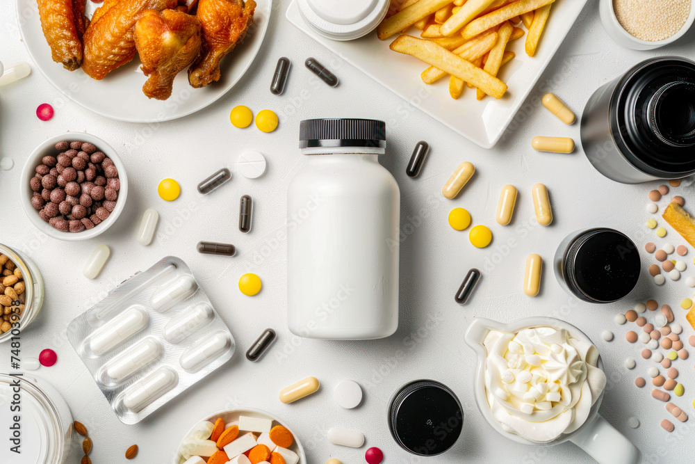junk food and medicine in plastic bottle mock up. medicine after high ...