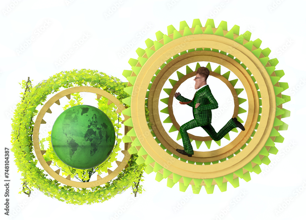 A man in green office suit and an orange tie running in a giant ...