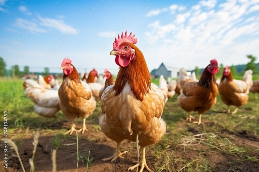 Chicken and hen, rooster, cock, poultry yard and chicken coop. Bird and ...
