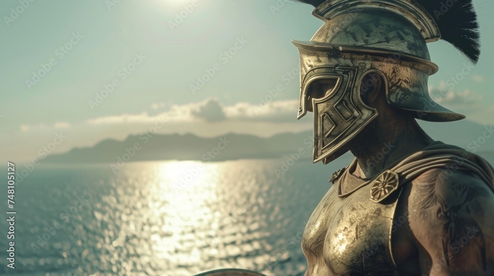 A Hoplite warrior stands on guard along the city walls scanning the ...