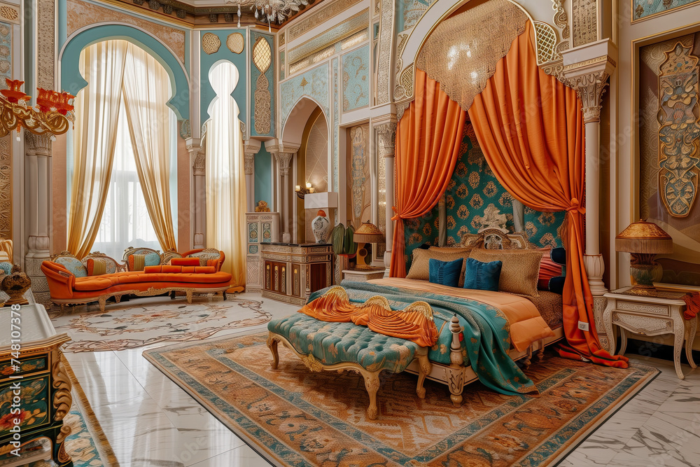 luxury bedroom in arabic interior design style. cozy room in arabic ...