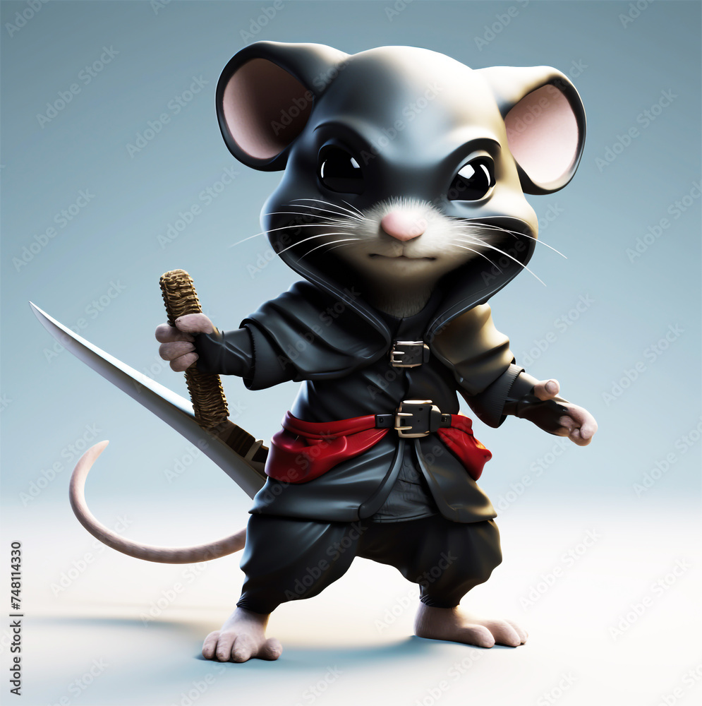 Cartoon mouse, ninja, samurai in 3D. Mouse warrior character slashes ...