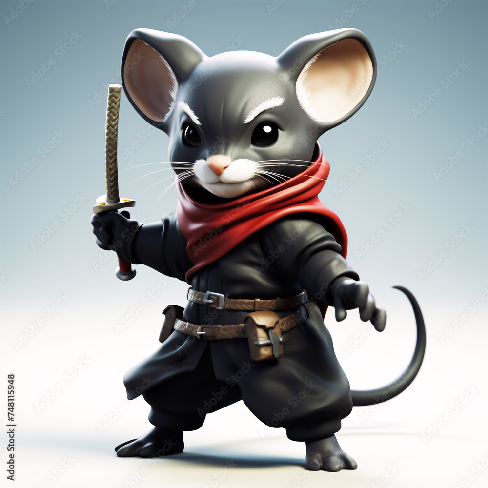 Cartoon mouse, ninja, samurai in 3D. Mouse warrior character slashes ...
