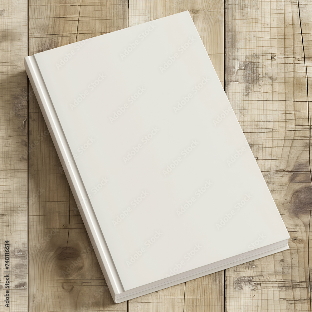 Hardcover mock up of top view empty book on wooden desk. Blank white ...