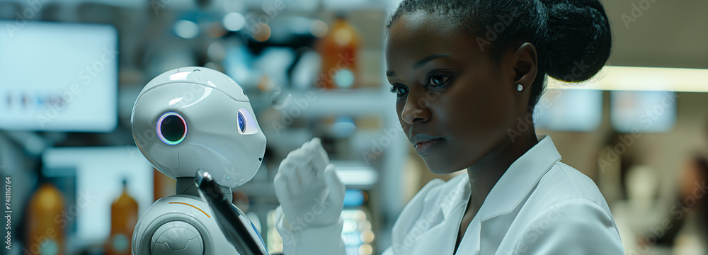 a black scientist teaching an AI robot with a ipad. she is showing ...