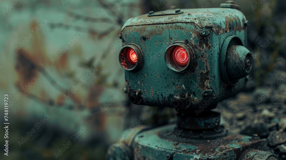 robot, invisible, glowing, in a dystopian wasteland, challenges our ...