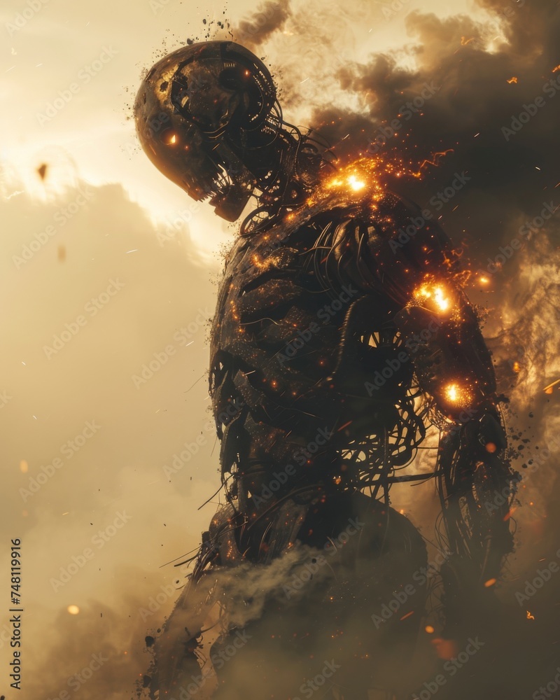 Rusted humanoid, amidst nebula chaos, morphs in a last attempt to ...
