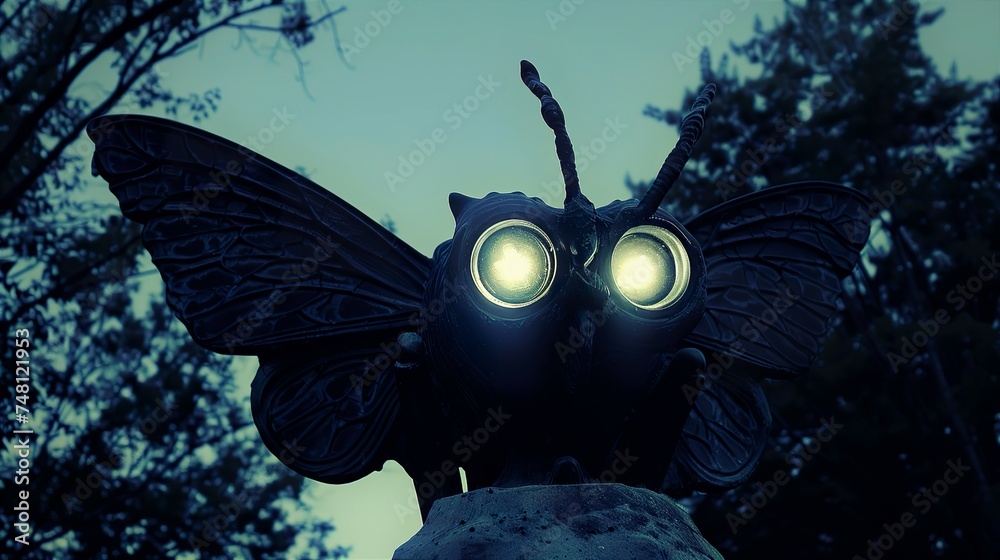 Twilight descends on the Mothman statue its eyes a glowing beacon in ...