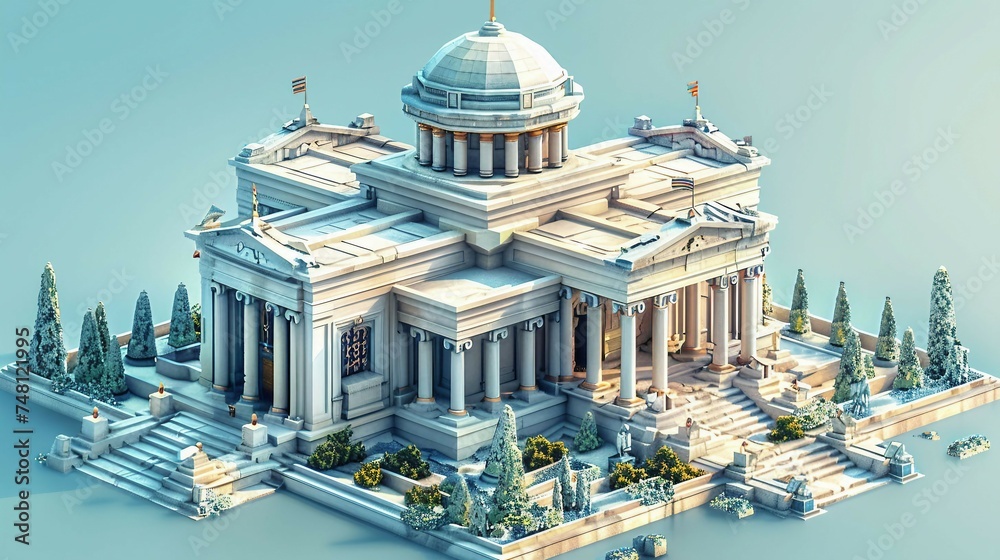 an isometric 3D representation of a Government building with a classic ...