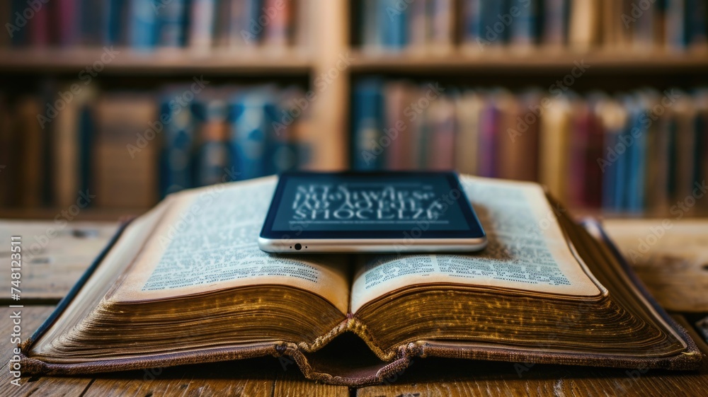 An open hardcover book with an eReader resting on its pages ...