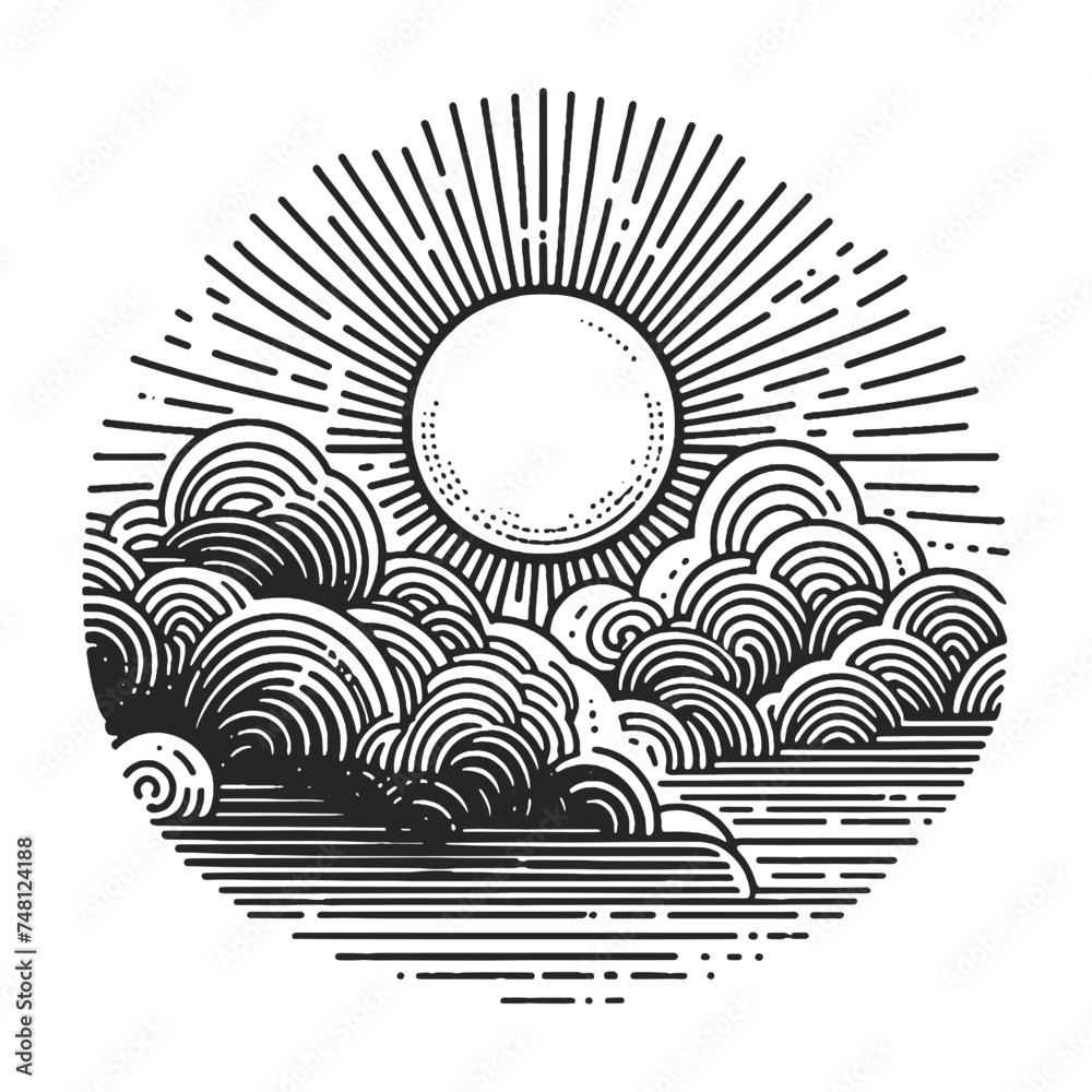 sun with radiating beams and clouds sketch engraving generative ai ...