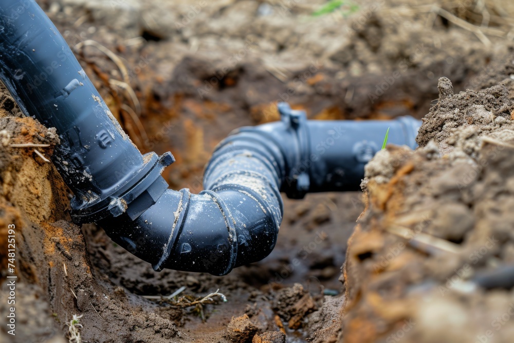 Close up of outdoor trench with PVC pipes and elbow fittings for ...