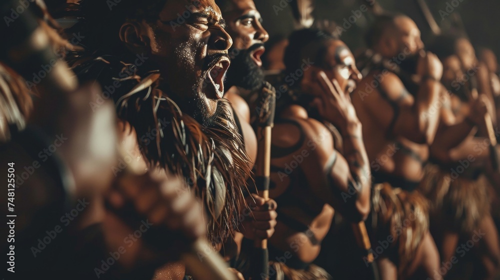 In a powerful haka a group of Maori warriors chant and stomp their feet ...