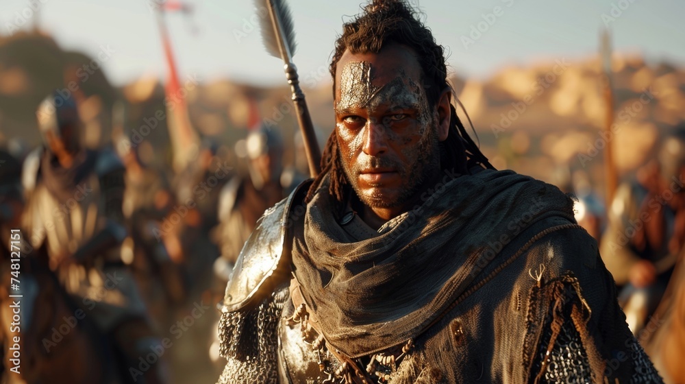 A seasoned warrior with a scarred face and a determined gaze riding ...