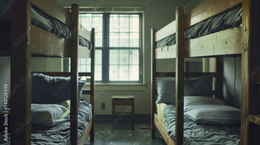An empty dorm room with two adjoining bunk beds giving a sense of the ...