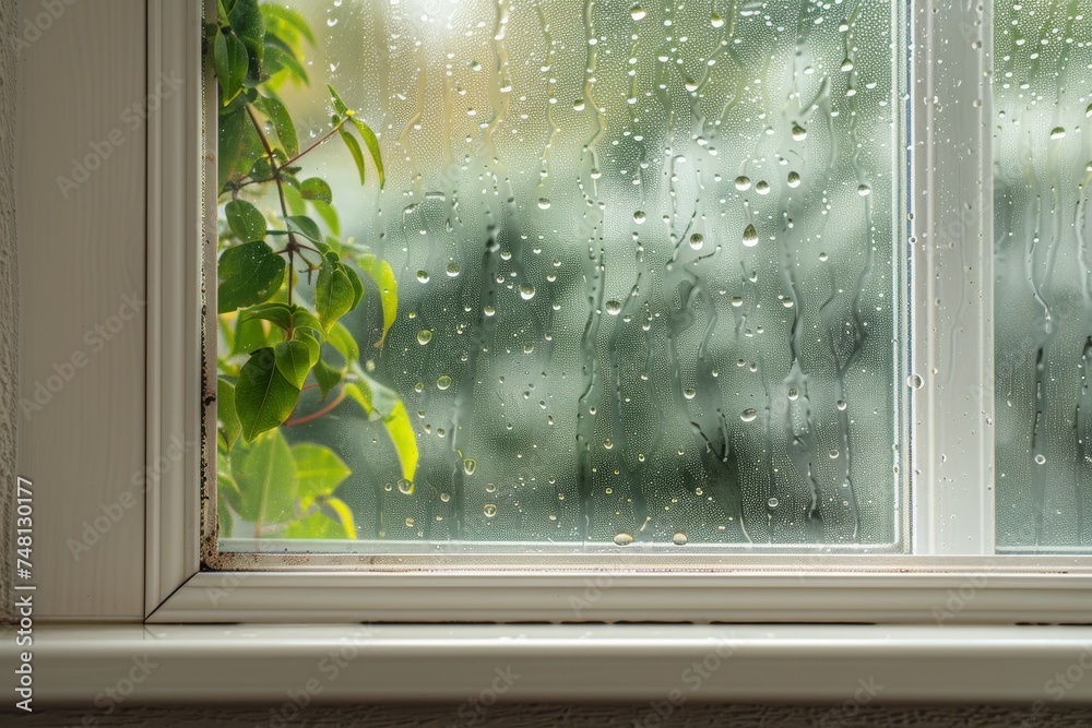 Water condensation on modern uPVC windows with visible puddles on the ...