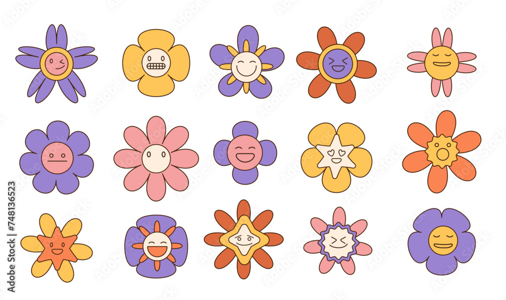 Groovy flower cartoon characters set. Funny happy daisy with linear ...