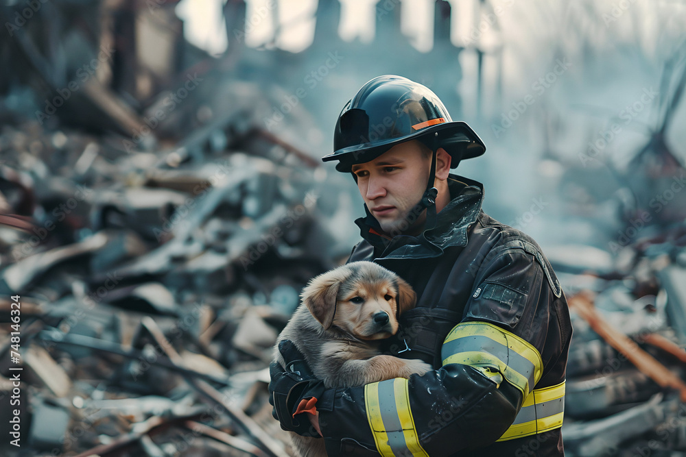 Firefighter holding puppy after rescue. Burnt-out house on background ...