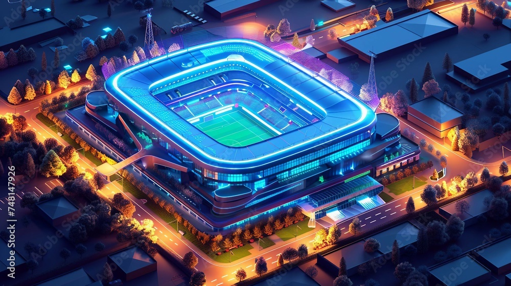 an isometric 3D smart stadium building with a highly technological ...