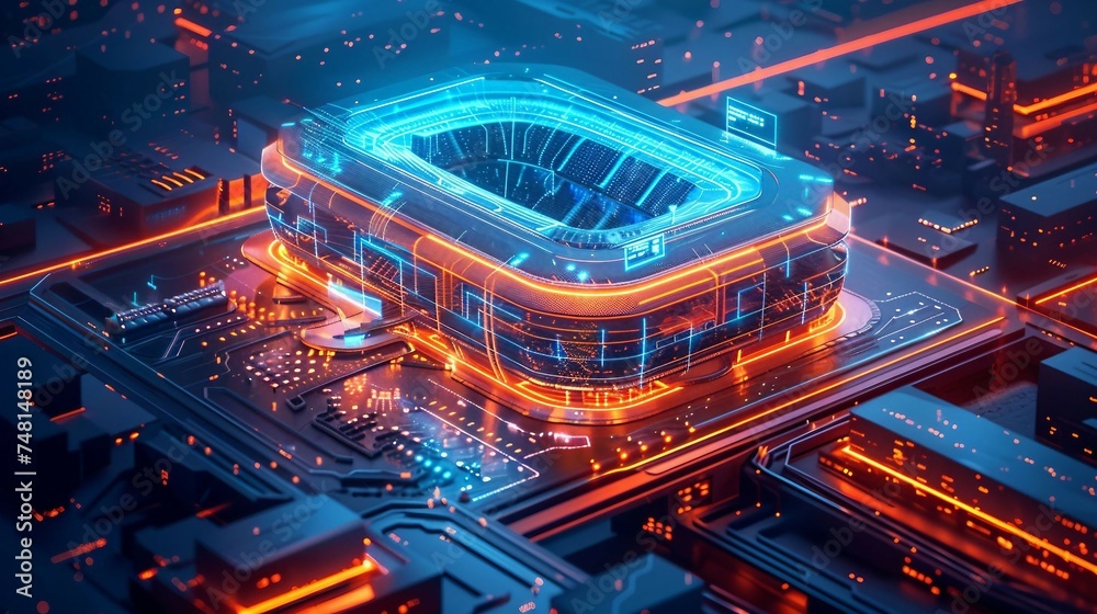 an isometric 3D smart stadium building with a highly technological ...