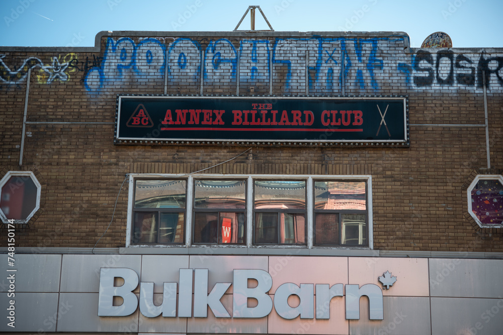 exterior building with signs for Annex Billiards Club, a pool hall, and ...
