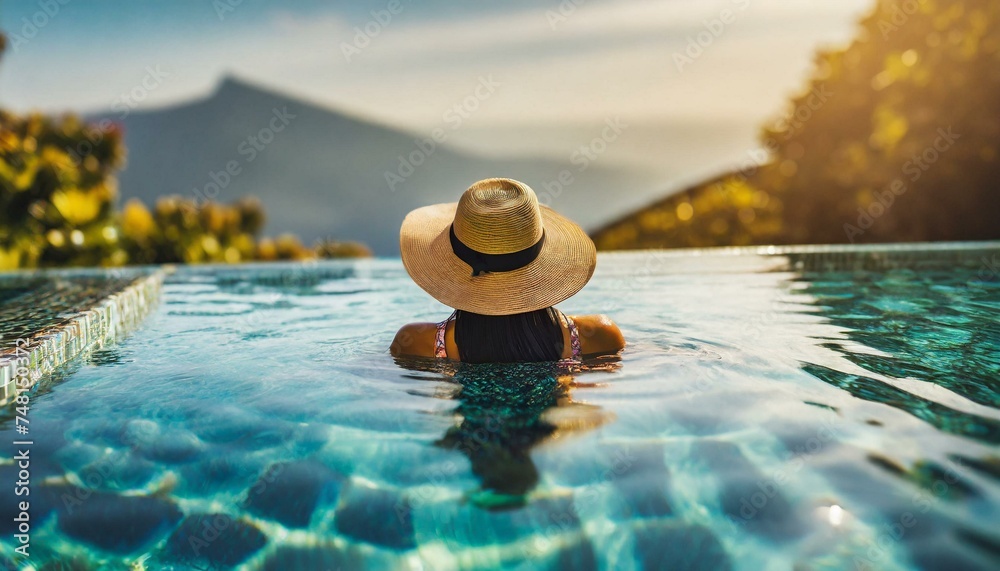 Luxury swimming pool spa resort travel honeymoon destination woman ...