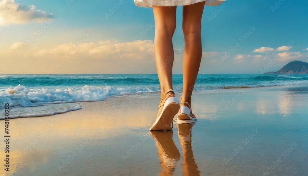 Smooth sun tanned slim legs standing walking on beach ocean banner ...