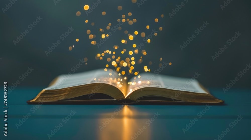 Beautiful flickering light comes out of the open holy book. Golden ...