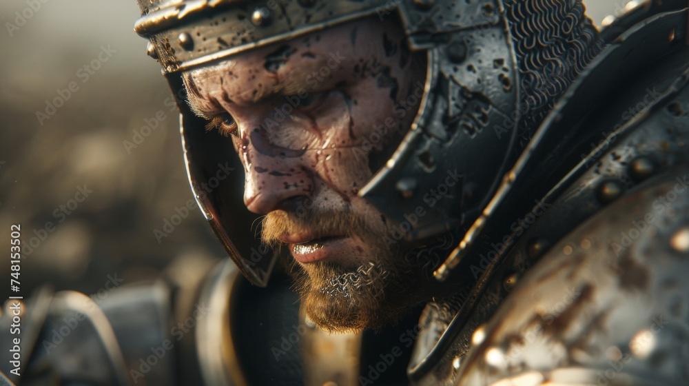 A battlescarred soldier looks off into the distance his armor dented ...