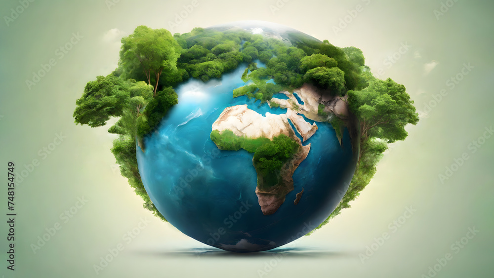 An image featuring a globe nestled among plants, isolated on a greenish ...