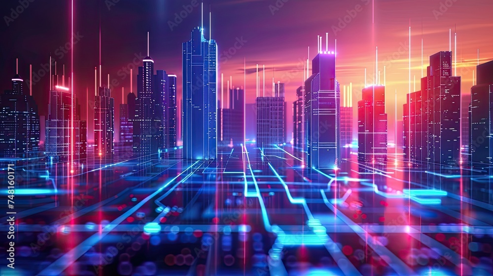 holographic displays, abstract data streams, and geometric shapes ...