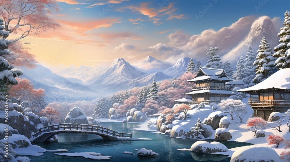 peaceful nature landscape japan winter and snow ai genertaed 4k pro ...