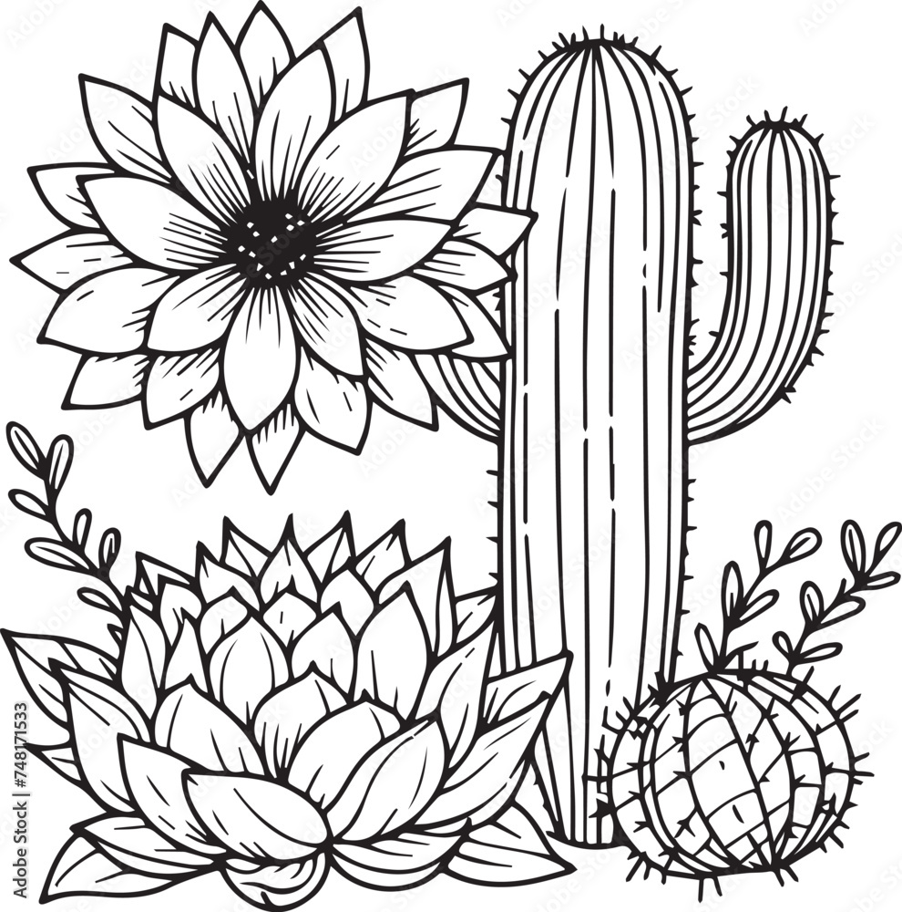 cactus illustration, cactus line drawings. cactus printable coloring ...