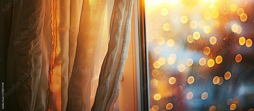 The image shows a close-up view of a window with a blurry curtain in ...