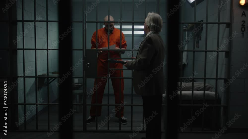 Vidéo Stock Gangster in orange uniform stands behind bars in prison ...