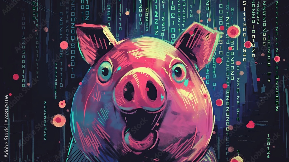 Financial Pig Butchering Scam Concept. A Pig with a wall full of ...
