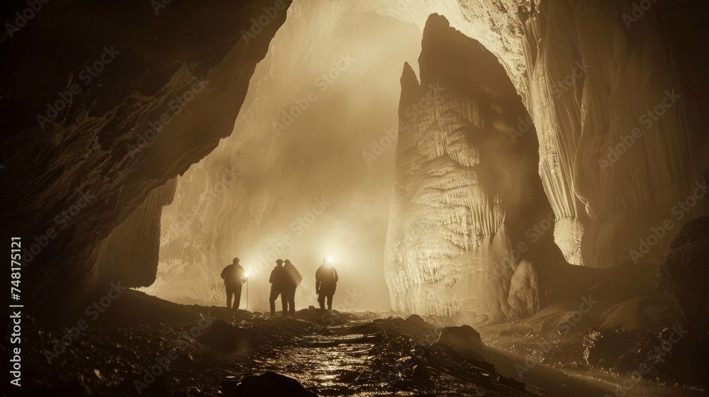 A sepiatoned photograph captured in the dim light of a dank cave shows ...