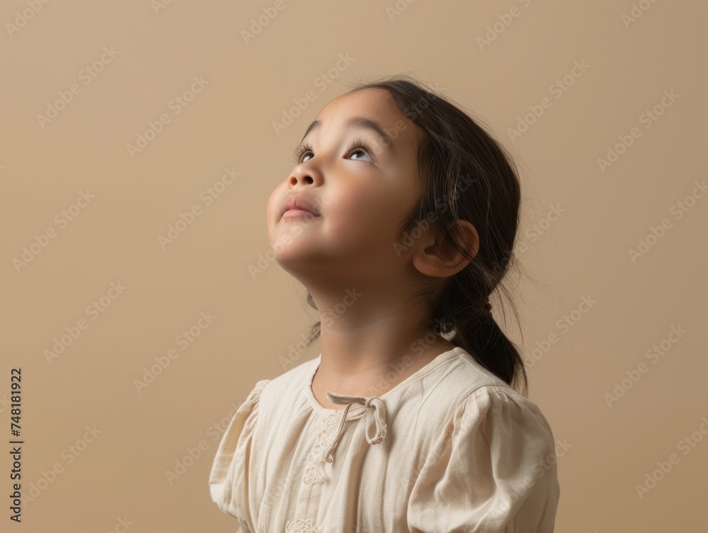 child stage, Latino individual. They are in a beige background with a ...