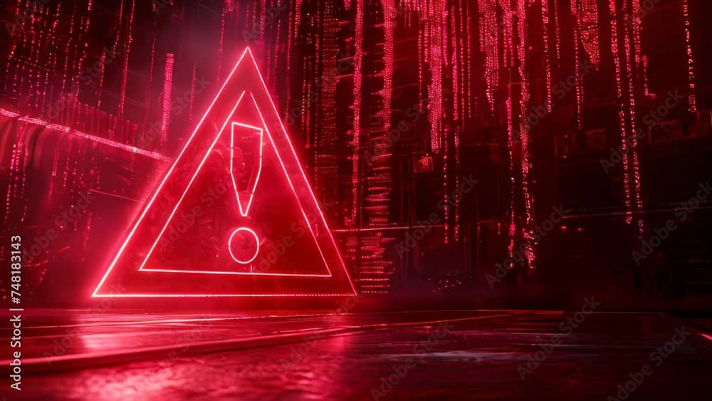 Red Neon Alert Triangle in a Rain of Digital Code, Cybersecurity Danger ...