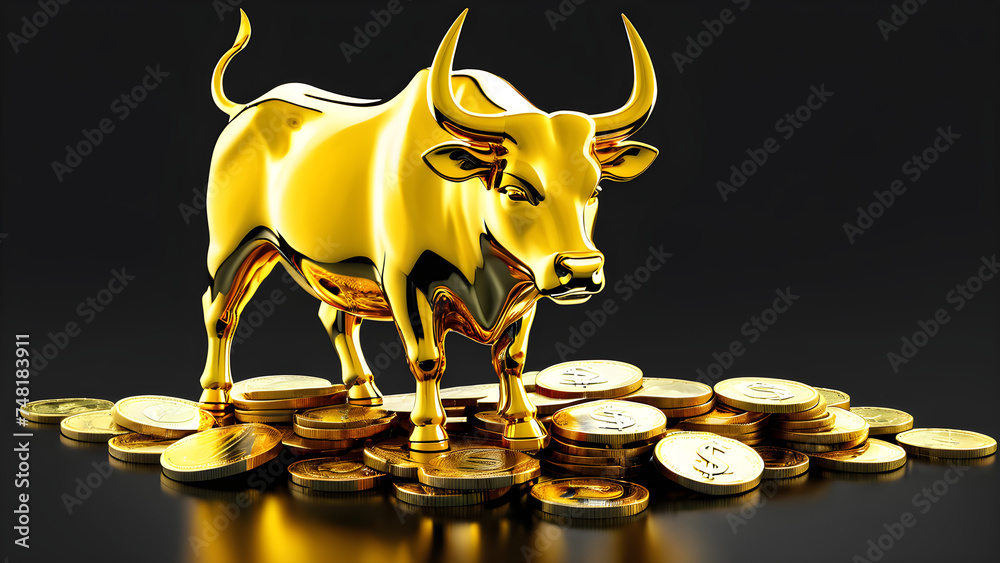 glassy a golden bull with dollar coins black background. golden cow on ...